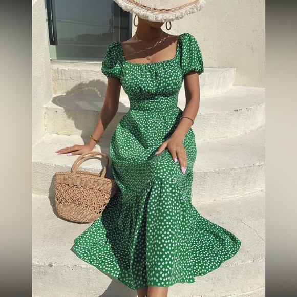 Dresses | Boho Polka Dots Shirred Bust Puff Sleeve Maxi Dress | Poshmark
